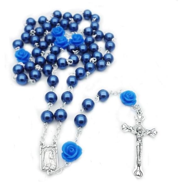 Jewelry | Blue Pearl Glass Rosary Beads Roman Catholic Prayer Crucifix ...